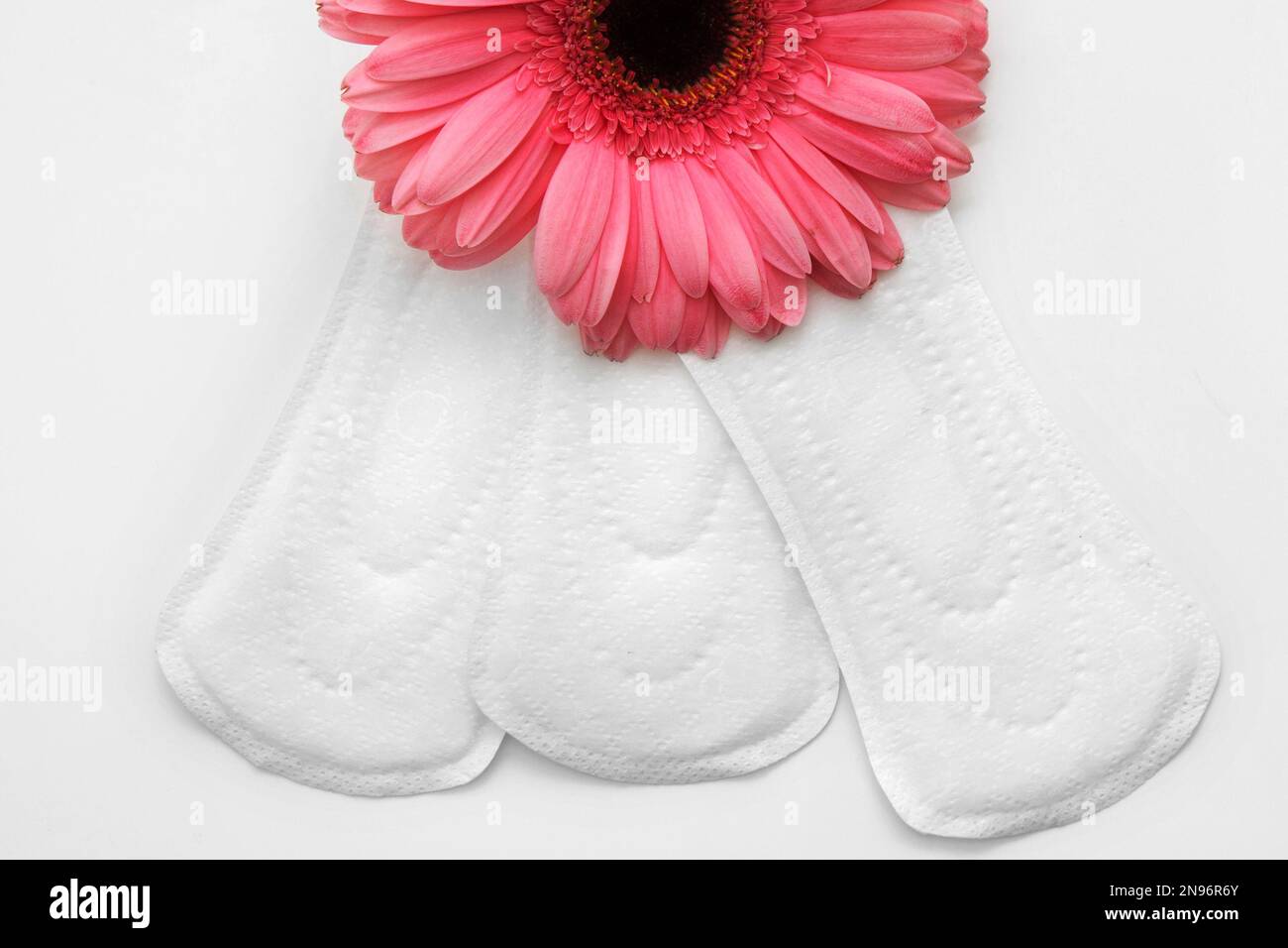 Three soft white sanitary daily pads, flat lay. Female intimate health ...