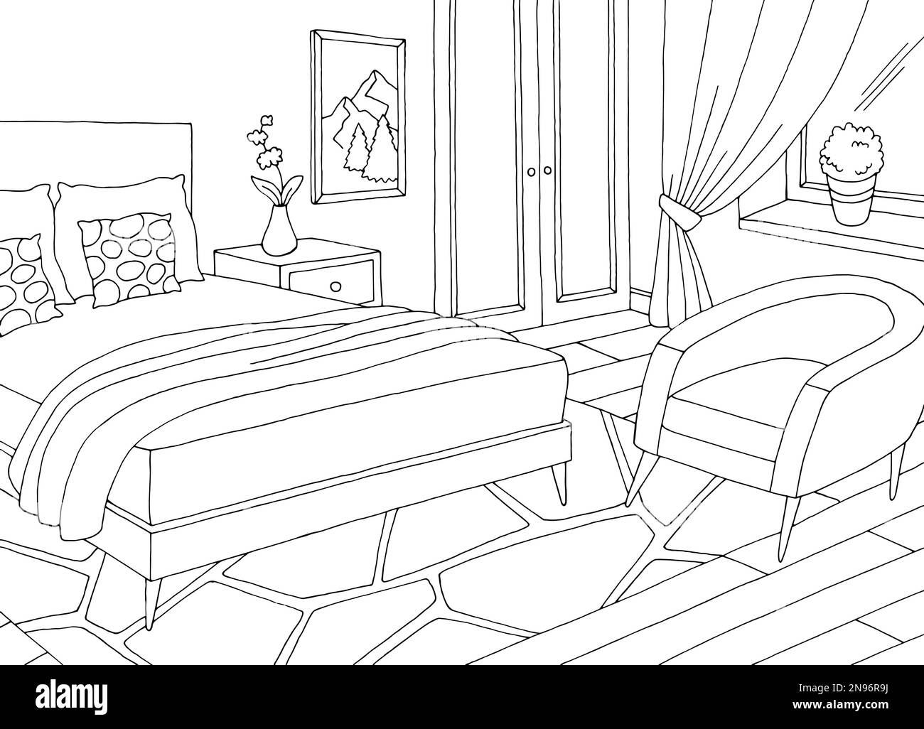 Bedroom graphic black white home interior sketch illustration vector ...