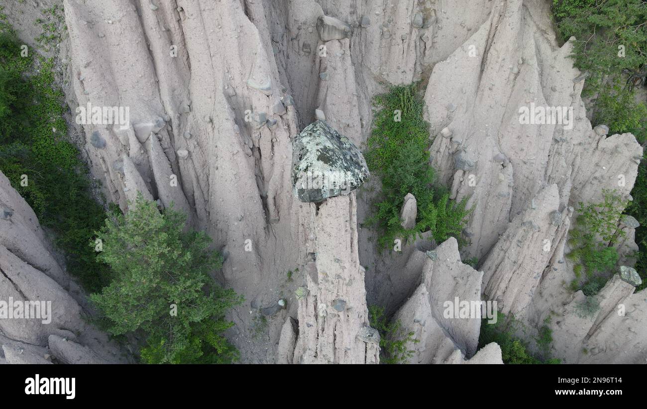 An aerial views of the Earth Pyramids in the Dolomites, Italy Stock ...