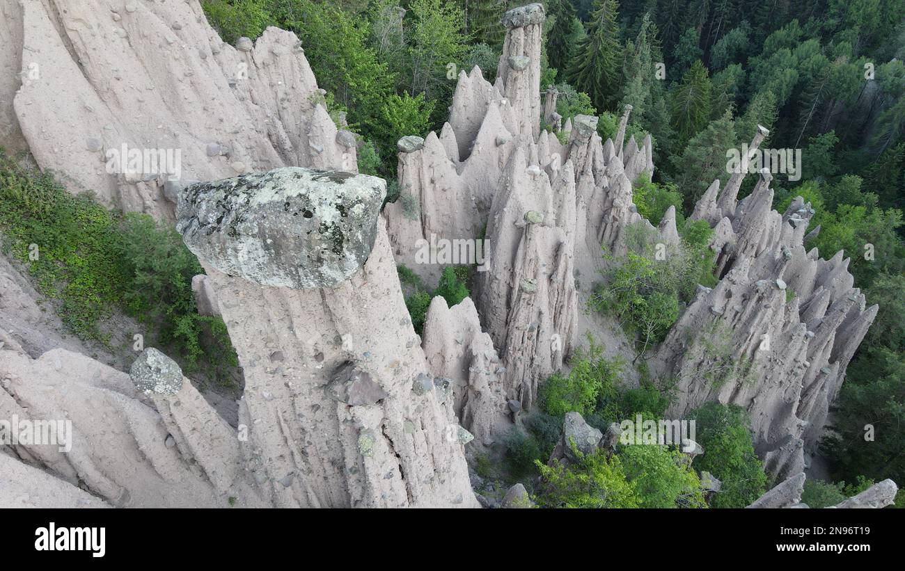 An aerial views of the Earth Pyramids in the Dolomites, Italy Stock ...