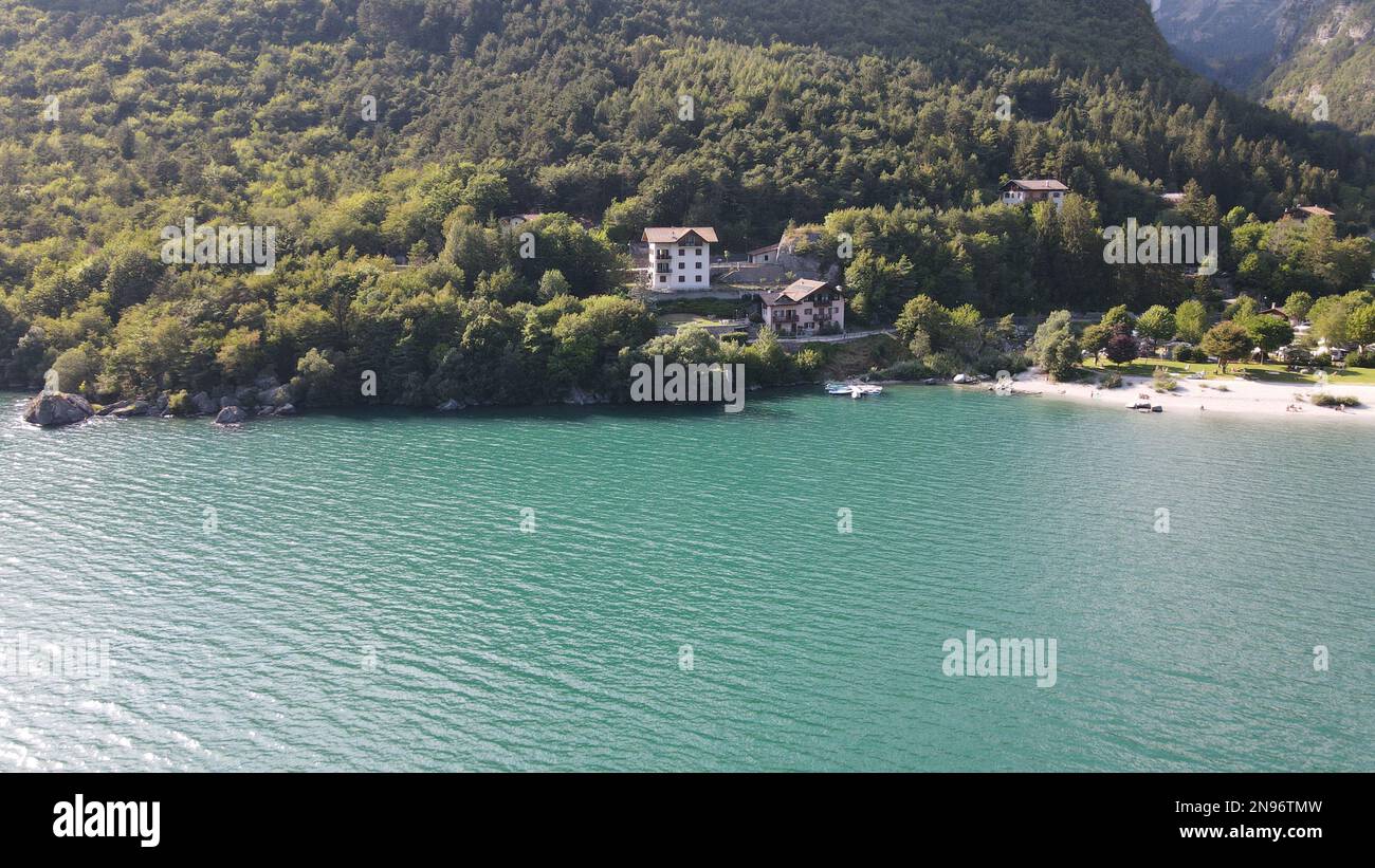 An Aerial views of the Lake of Molveno, in the Trentino region Italy ...