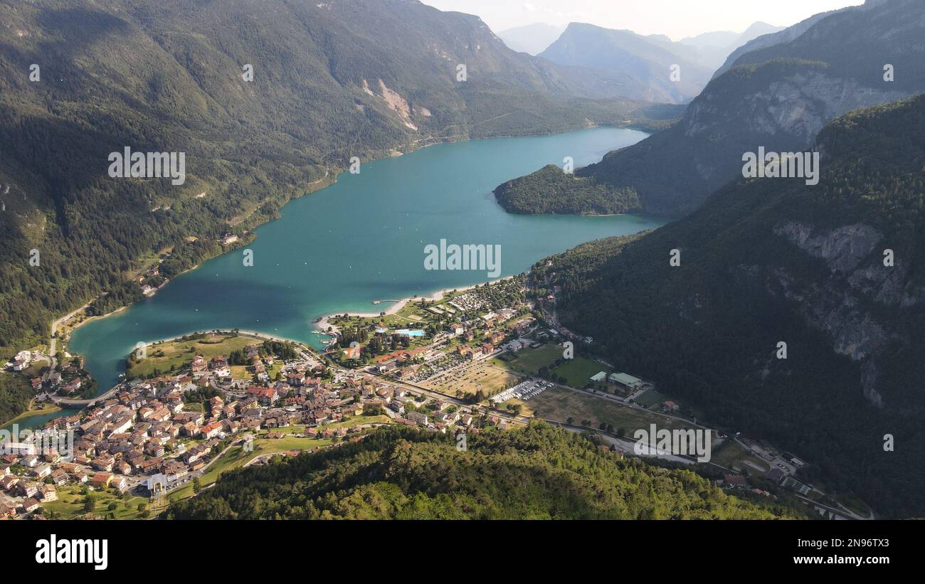An Aerial views of the Lake of Molveno, in the Trentino region Italy ...
