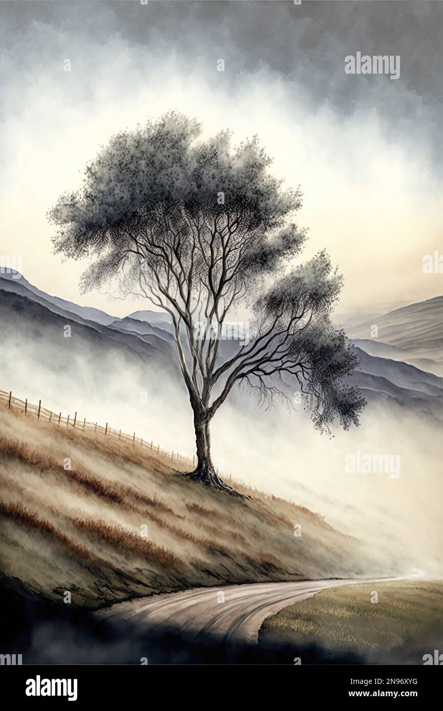 A stylized tree hand-painted with watercolors painting Stock Photo - Alamy