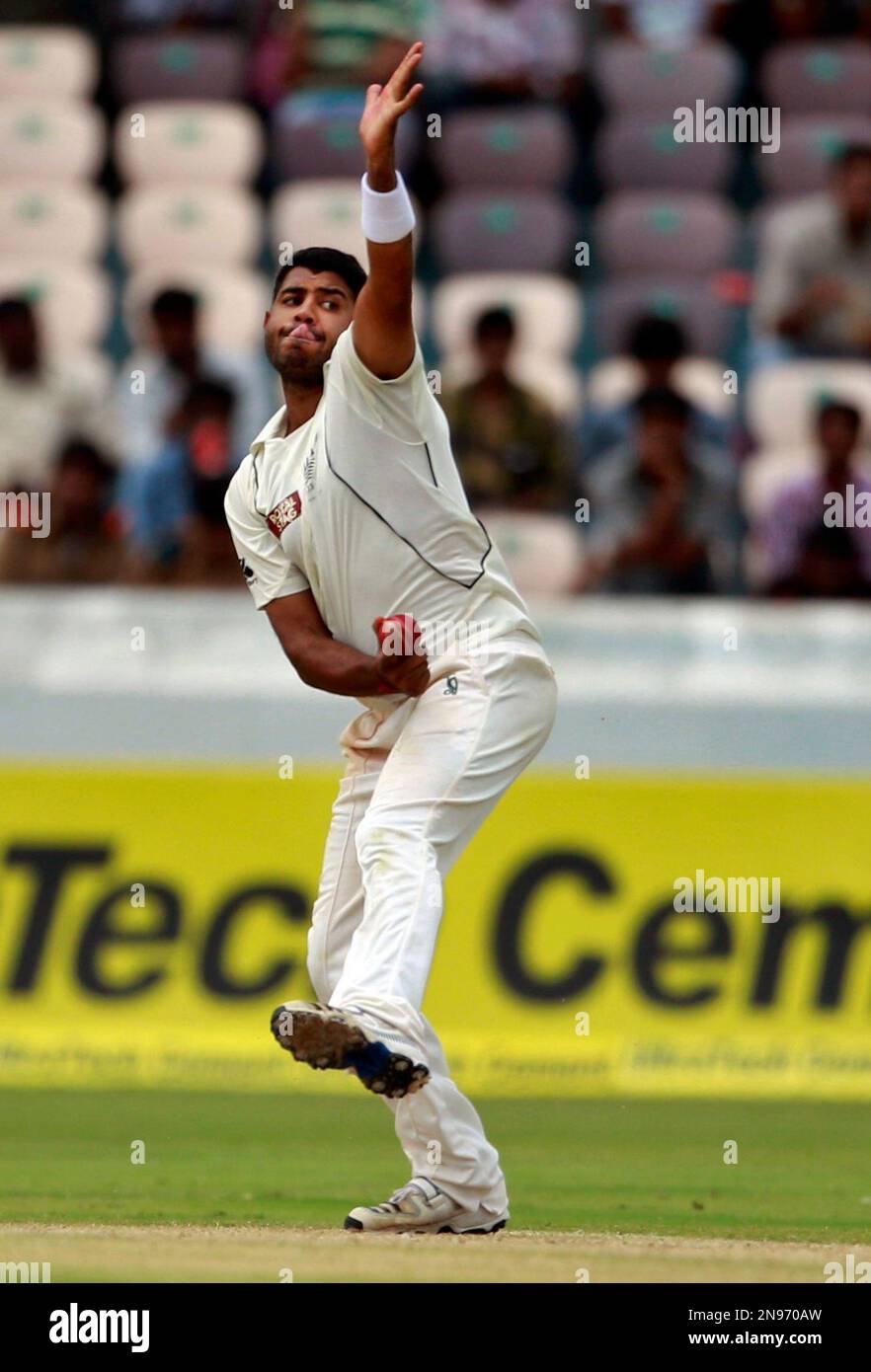 New Zealand cricketer Jeetan Patel bowls during the second day of the ...