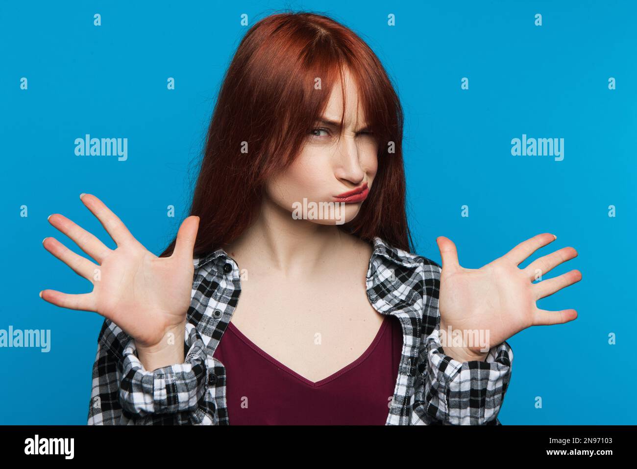 Angry woman not guilty. Indignation girl Stock Photo - Alamy
