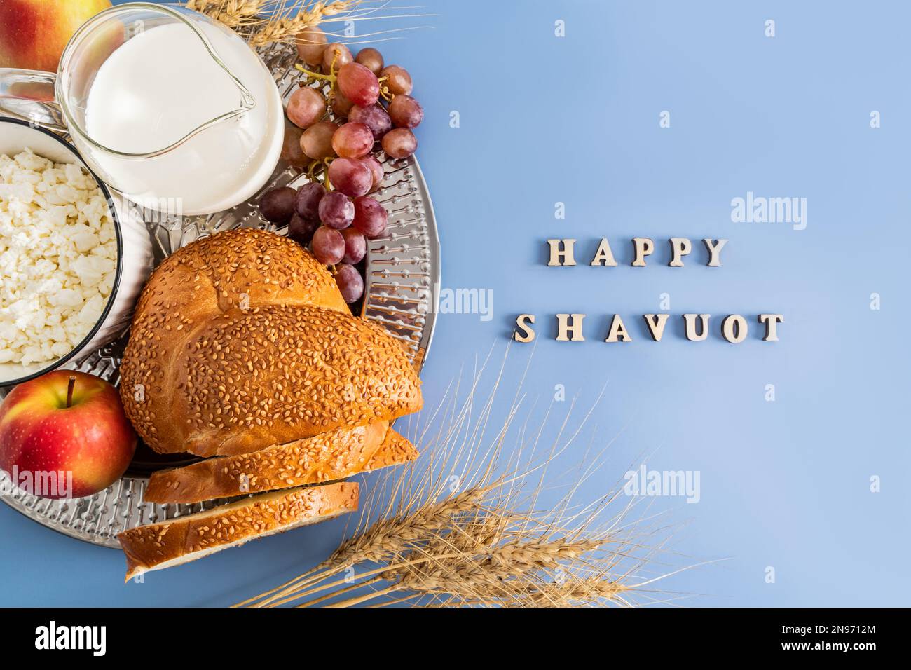 the spring holiday of the Jews of Shavuot. a festive card with traditional food and ears of corn ...