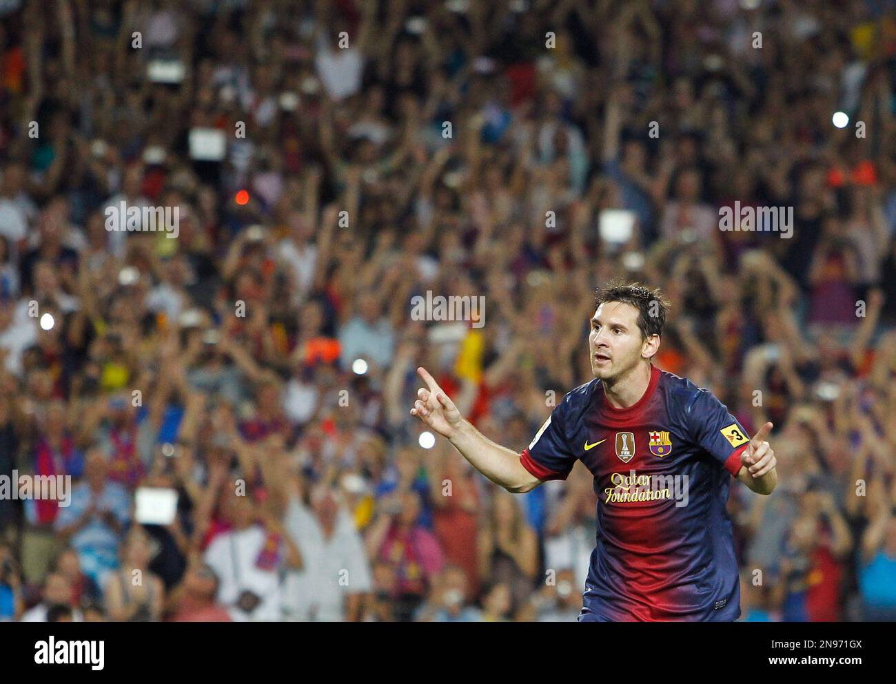 FC Barcelona's Lionel Messi from Argentina celebrates his goal during a ...