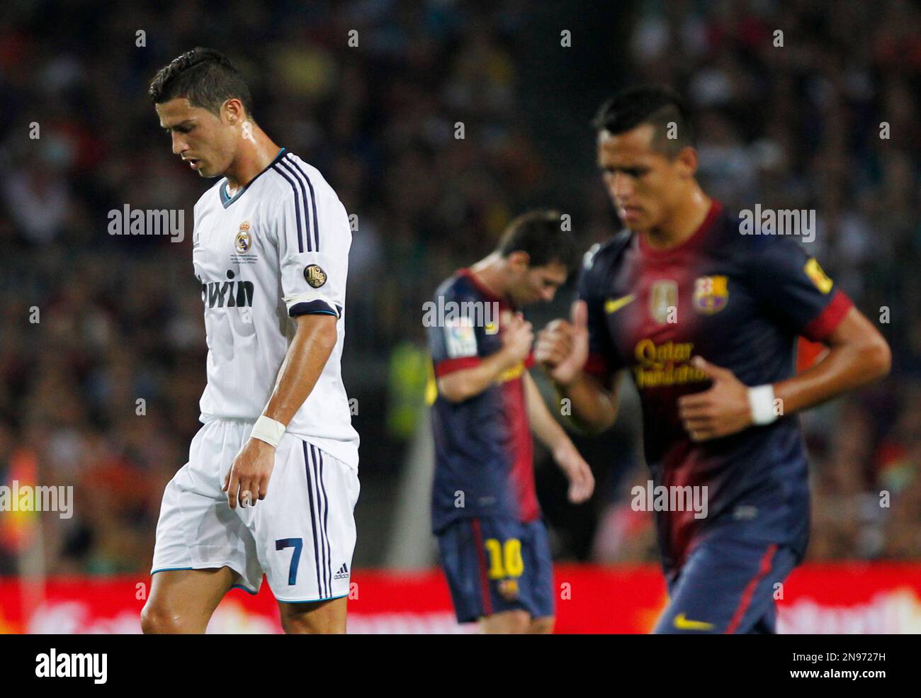 FC Barcelona's Lionel Messi from Argentina, centre, Alexis Sanchez from ...