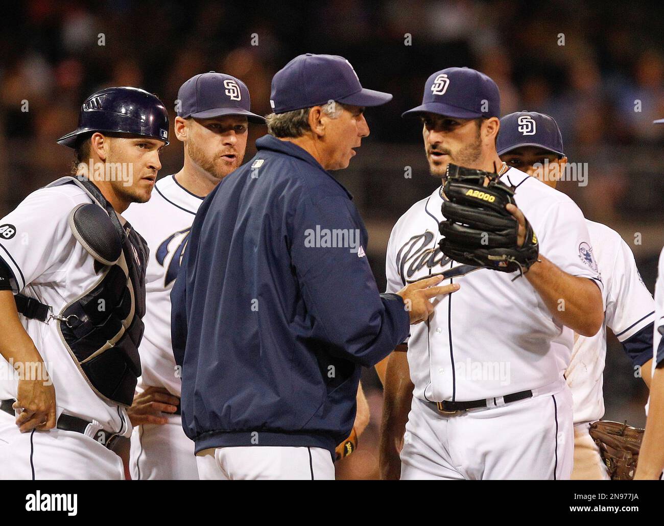 San Diego Padres manager Bud Black gives pitcher Jason Marquis a ...