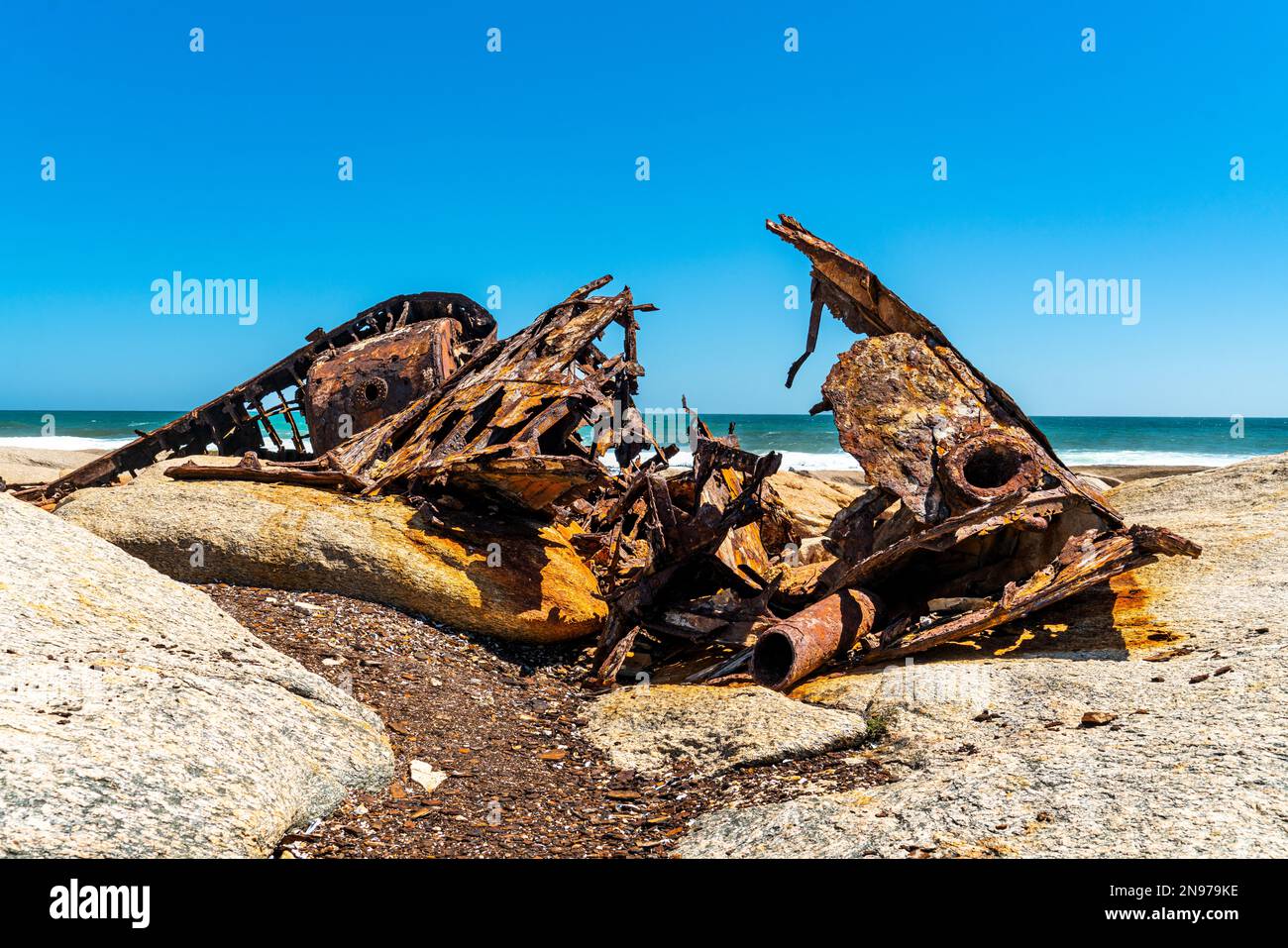 The wreck of the Aristea lies on the rocks on the Atlantic Ocean coast ...