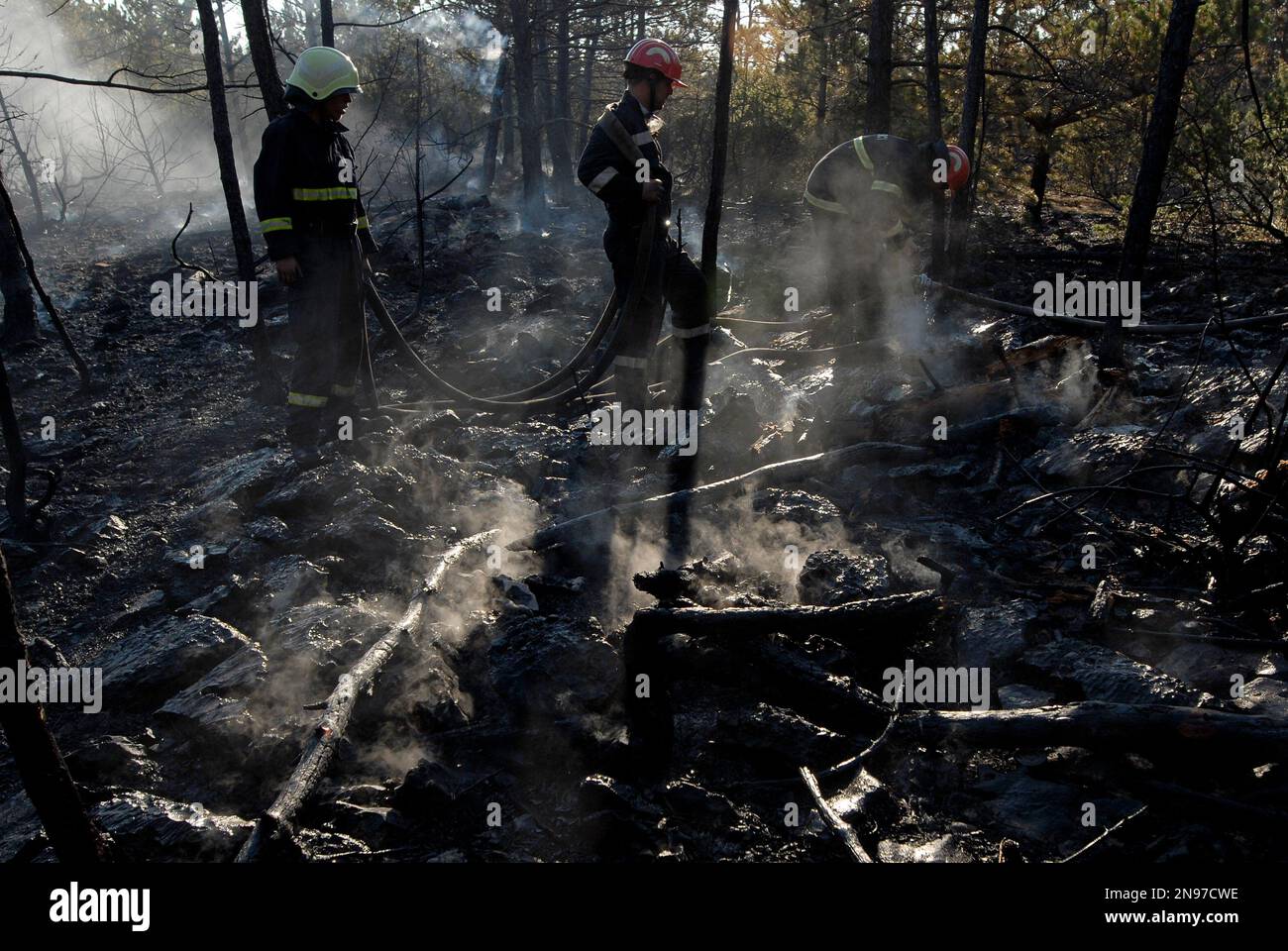 Croatian firefigthers try to extinguish a forest fire near the town of ...