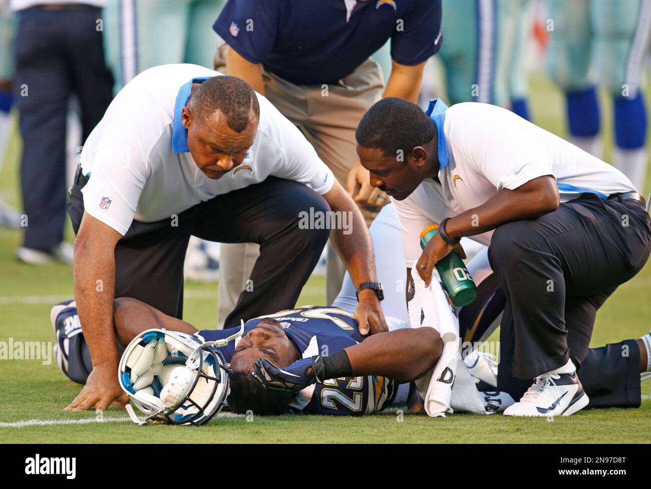 San Diego Chargers defensive back Quentin Jammer is attended to after ...