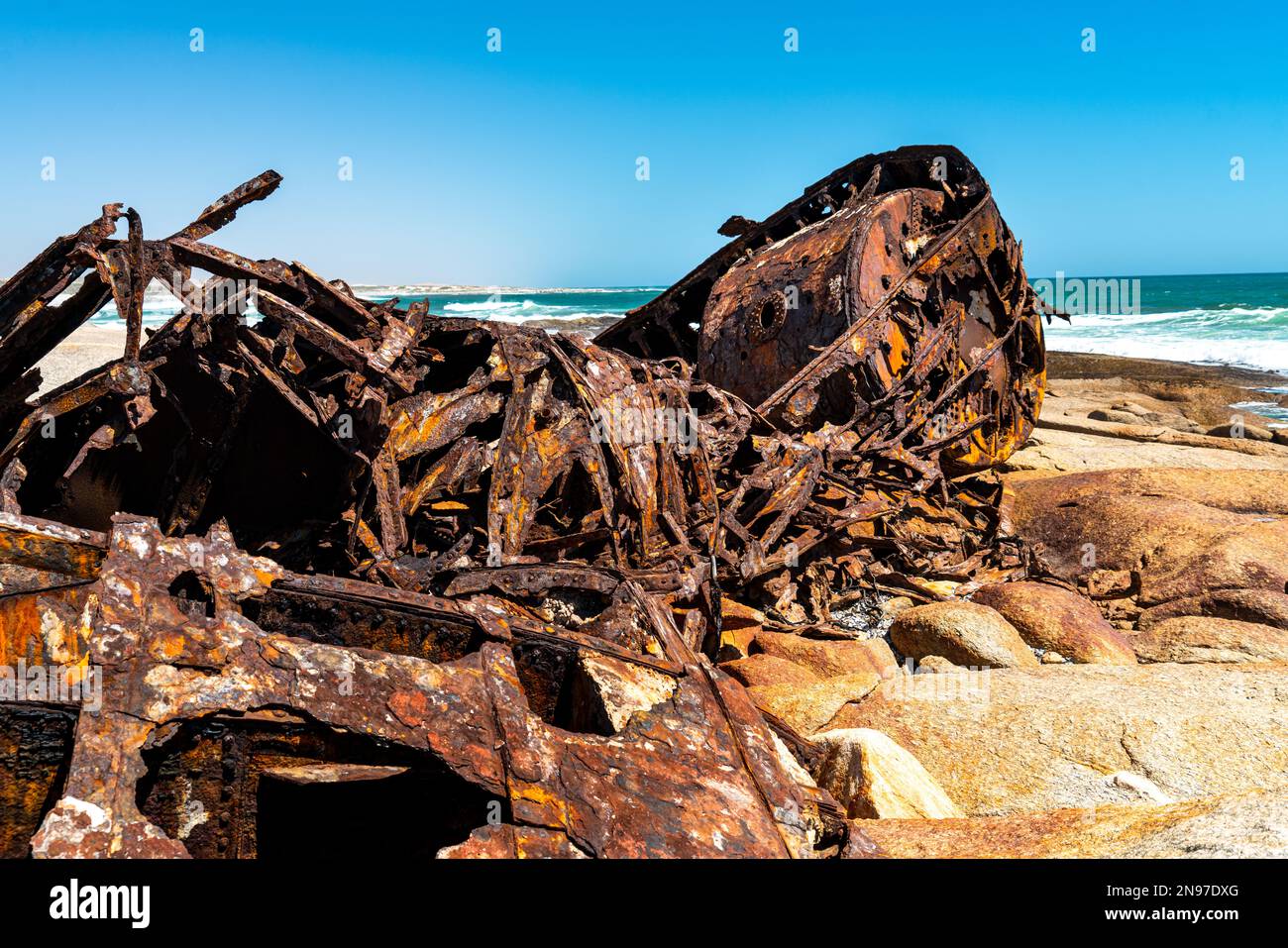 The wreck of the Aristea lies on the rocks on the Atlantic Ocean coast ...