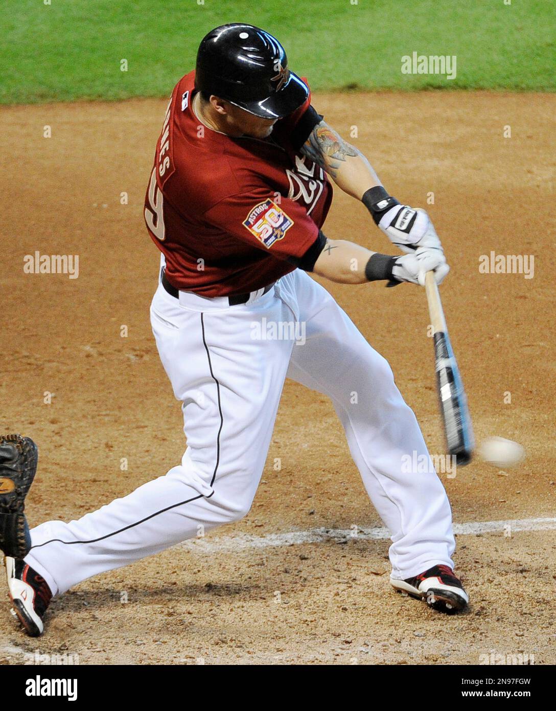 Houston Astros' Brandon Barnes hits into a double play in the sixth ...