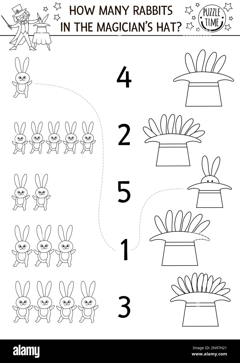 Match the numbers black and white circus game with magician hat and ...