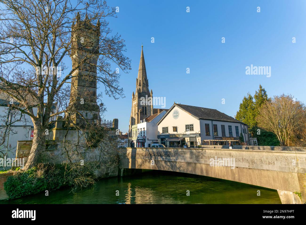 Clock tower and Fisherton Street bridge, River Avon, Salisbury ...