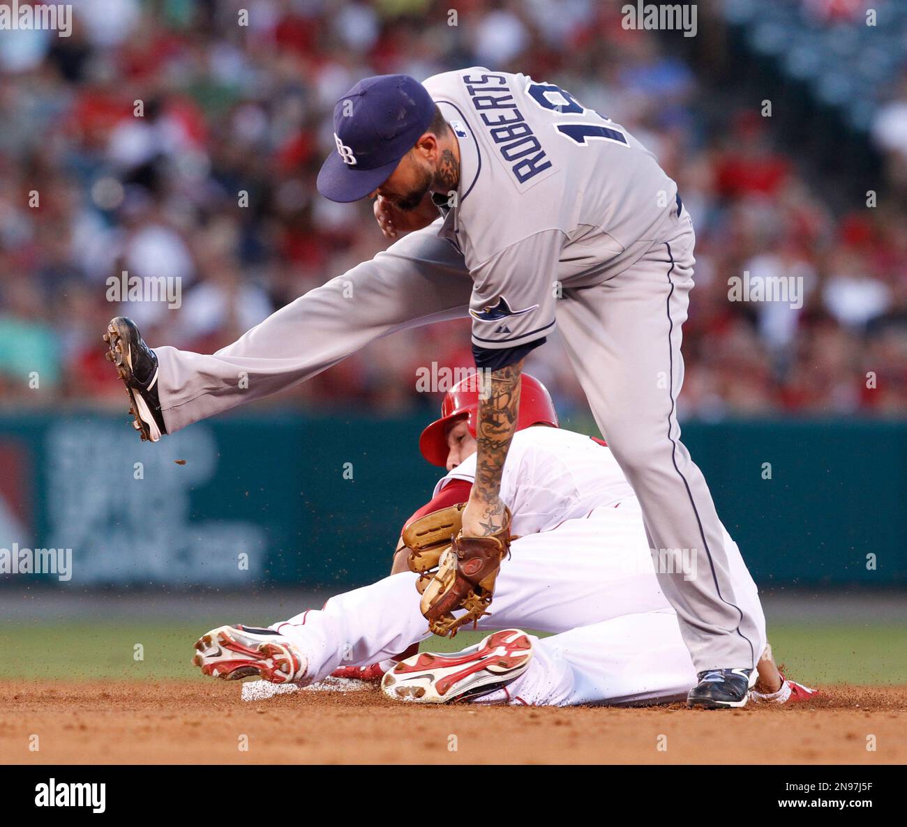 Los Angeles Angels' Mike Trout, bottom, steals second as Tampa Bay Rays ...