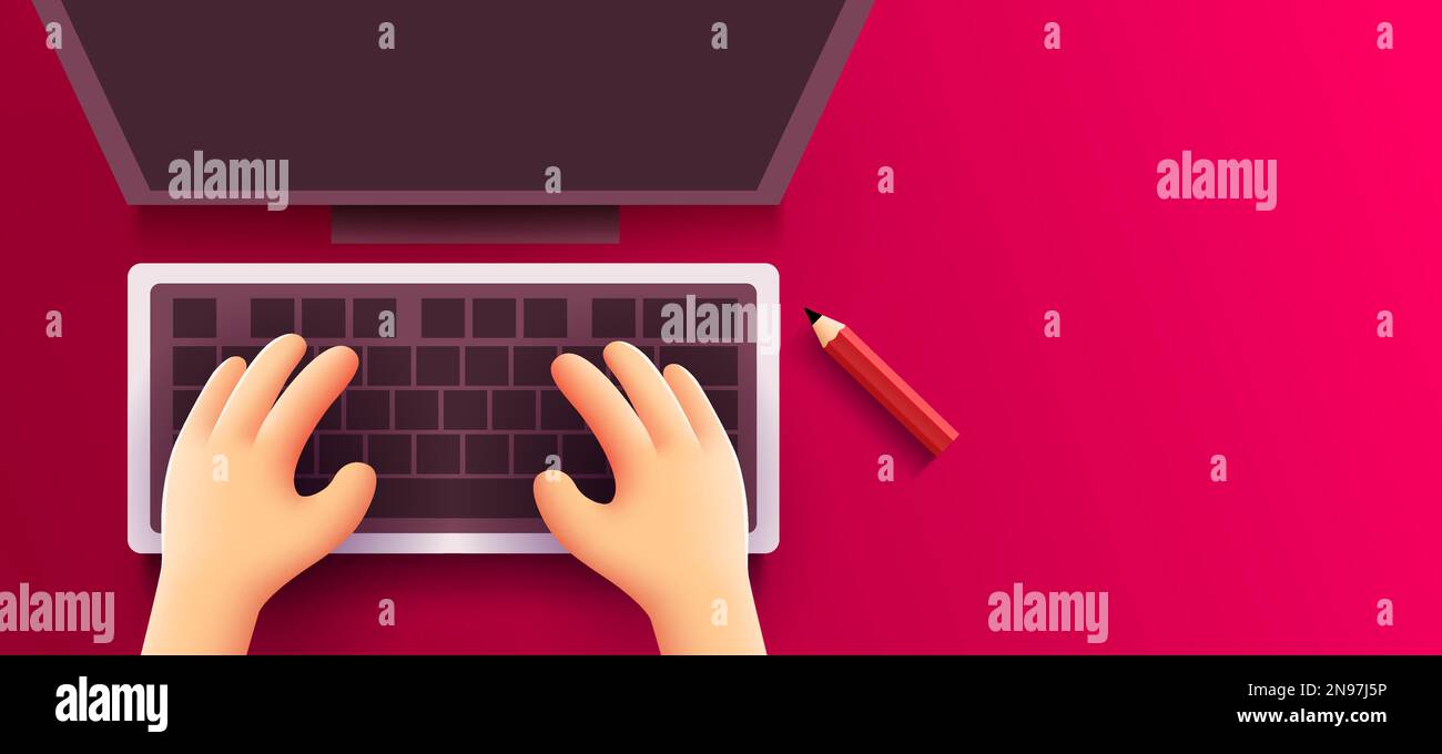 Cute 3d Human hands work on a computer keyboard on a table. View from ...