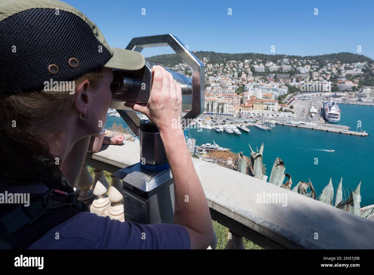 France, Nice, Cimiez Gardens, tourist view of Nice and the harbour from ...