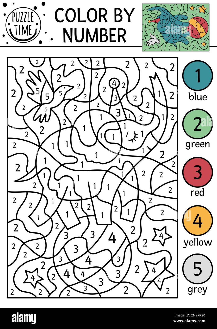 Vector circus color by number activity with elephant in party hat on a ...