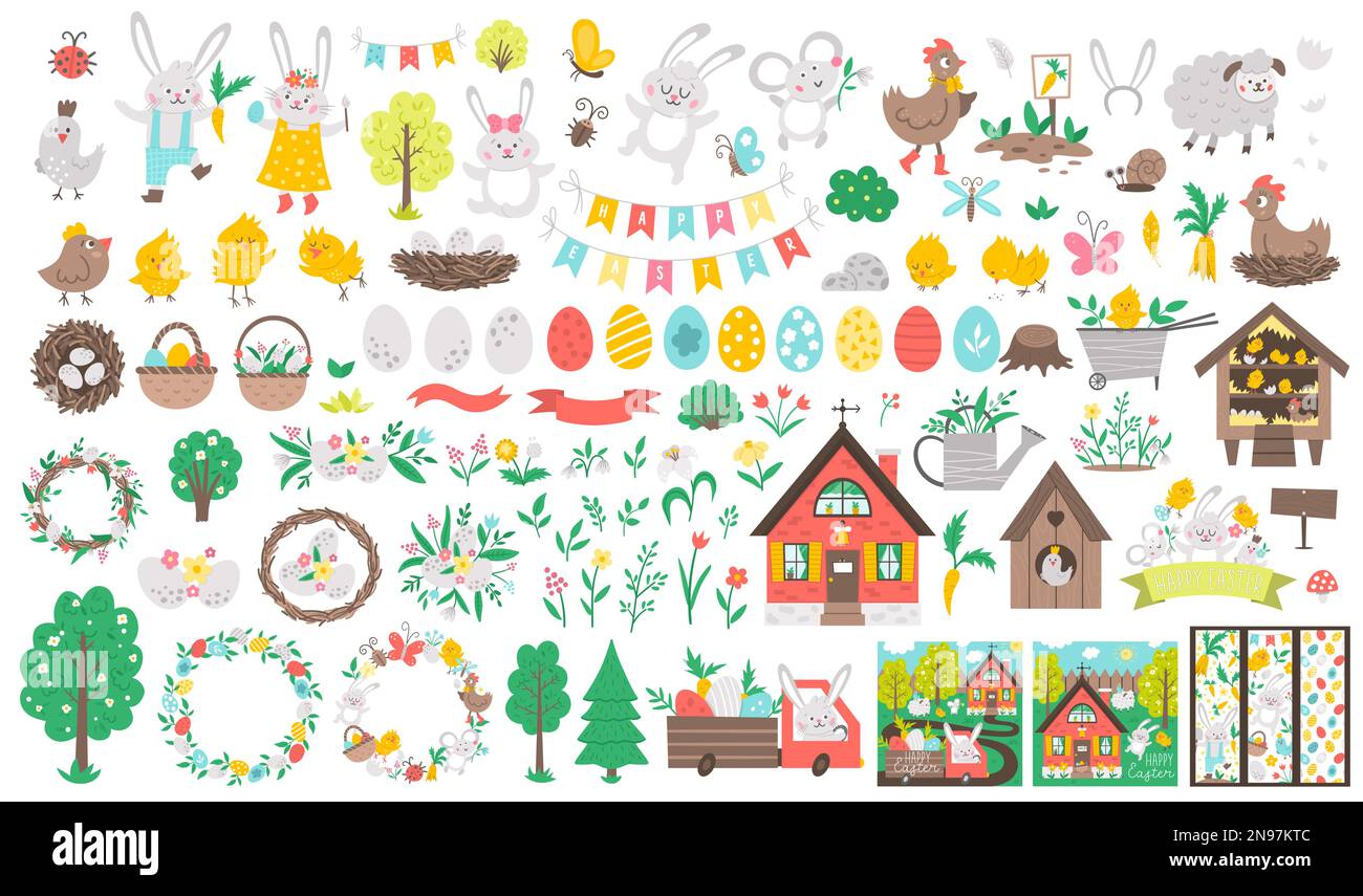 Big Easter vector set. Collection with cute bunny, colored eggs, bird ...