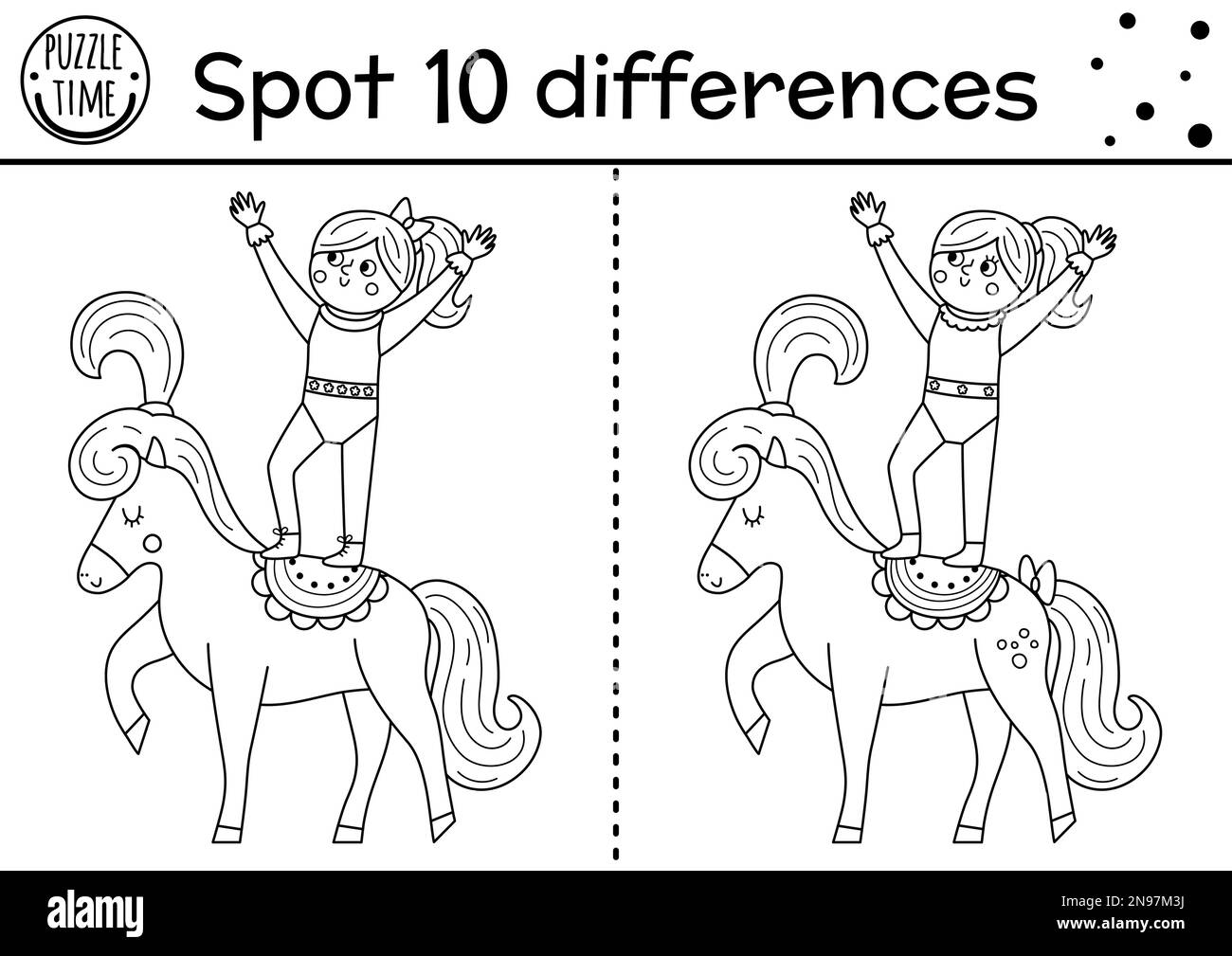 Circus black and white find differences game for kids. Educational line ...