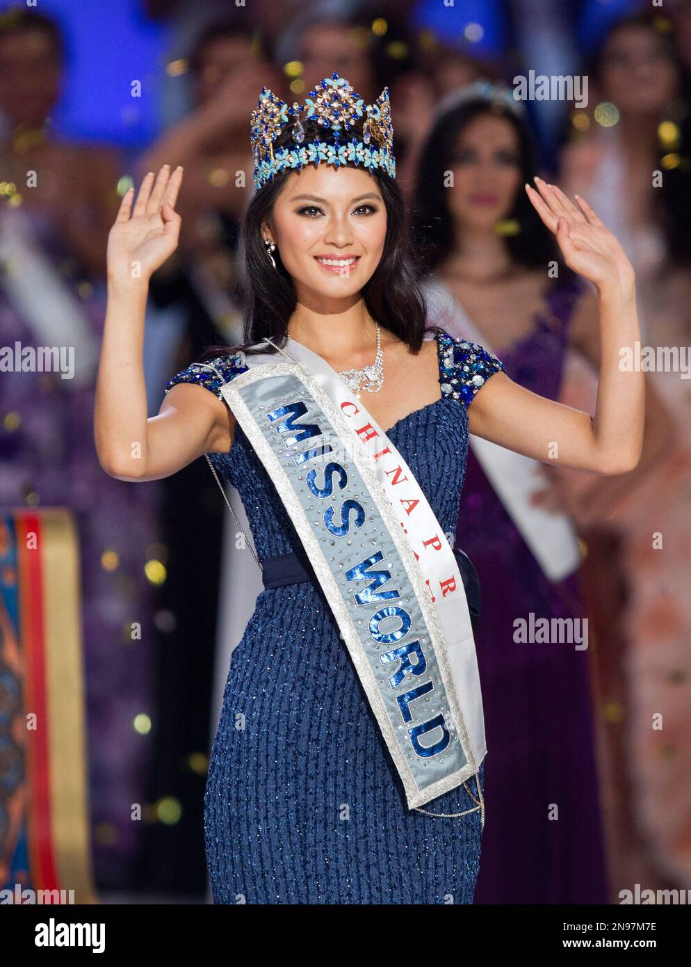 Newly crowned Miss World Yu Wenxia of China acknowledges the audience ...