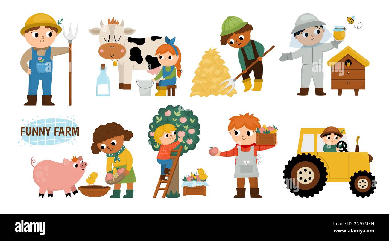 Vector farmers set. Cute kids doing agricultural work. Rural country ...
