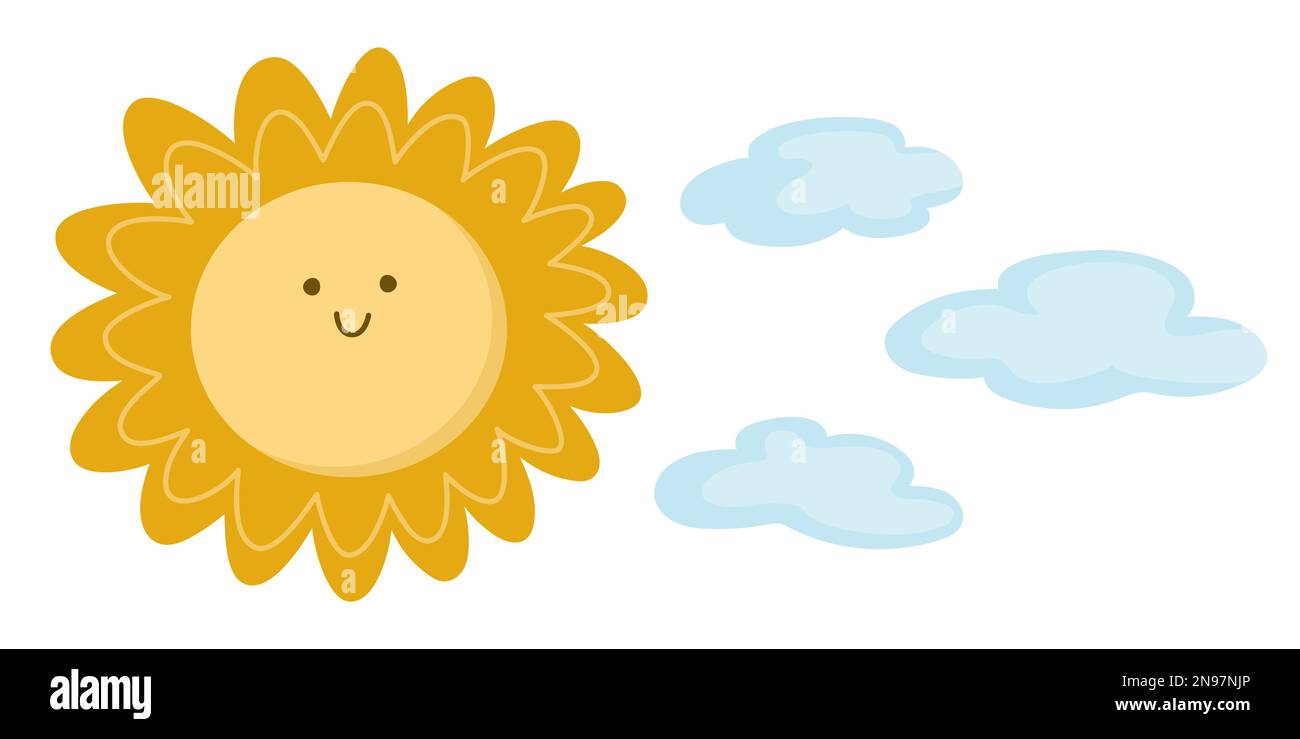 Cute smiling kawaii sun and clouds icon. Vector childish illustration ...