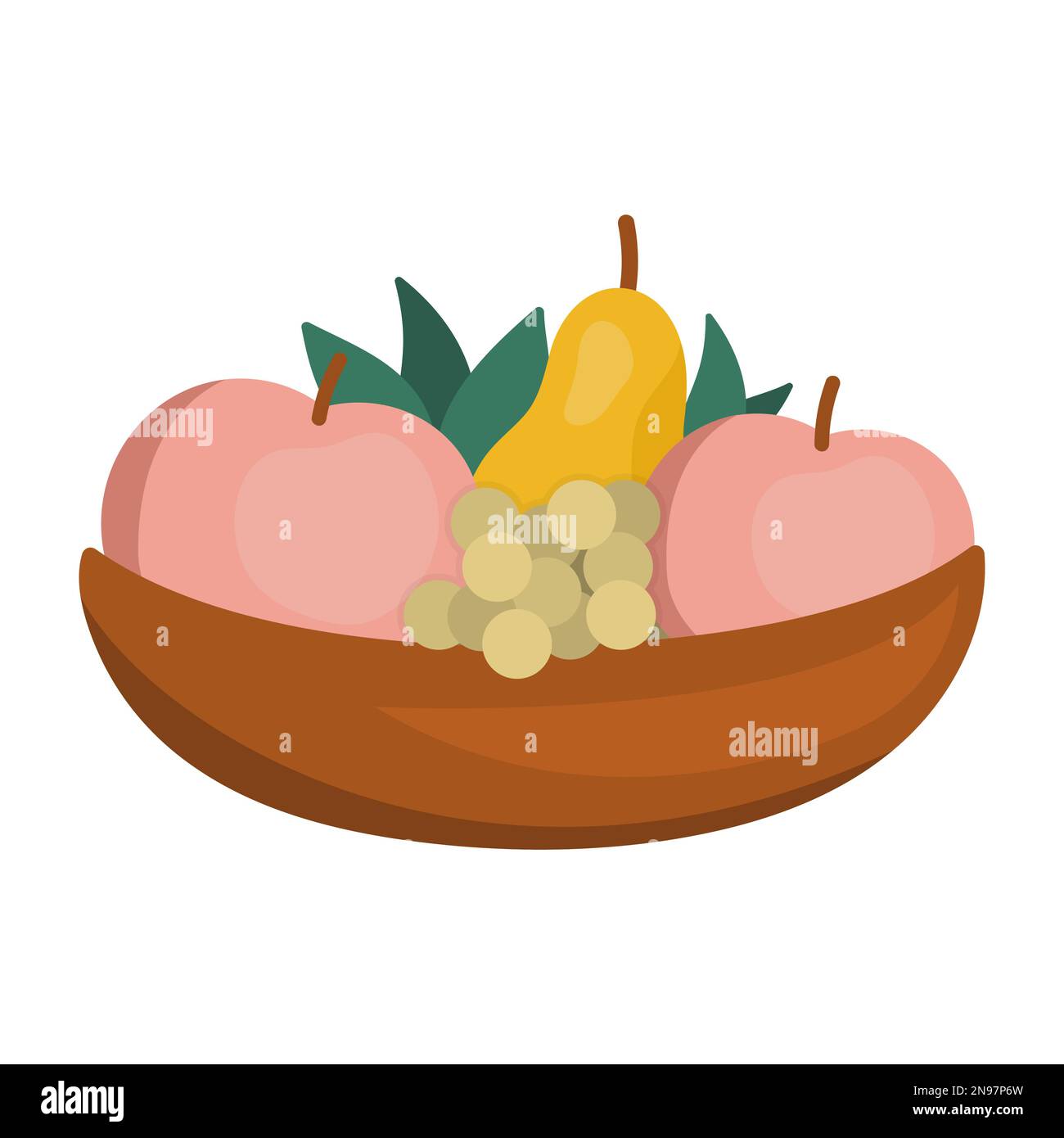 Vector cute wooden bowl with apples, pears, leaves. Autumn garden ...