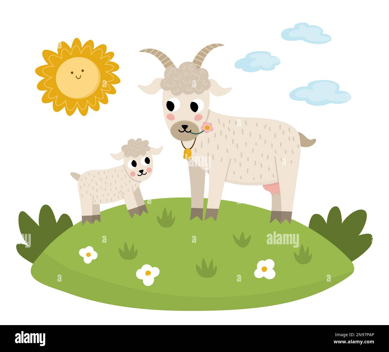 Vector goat with baby on a lawn under the sun. Cute cartoon family ...