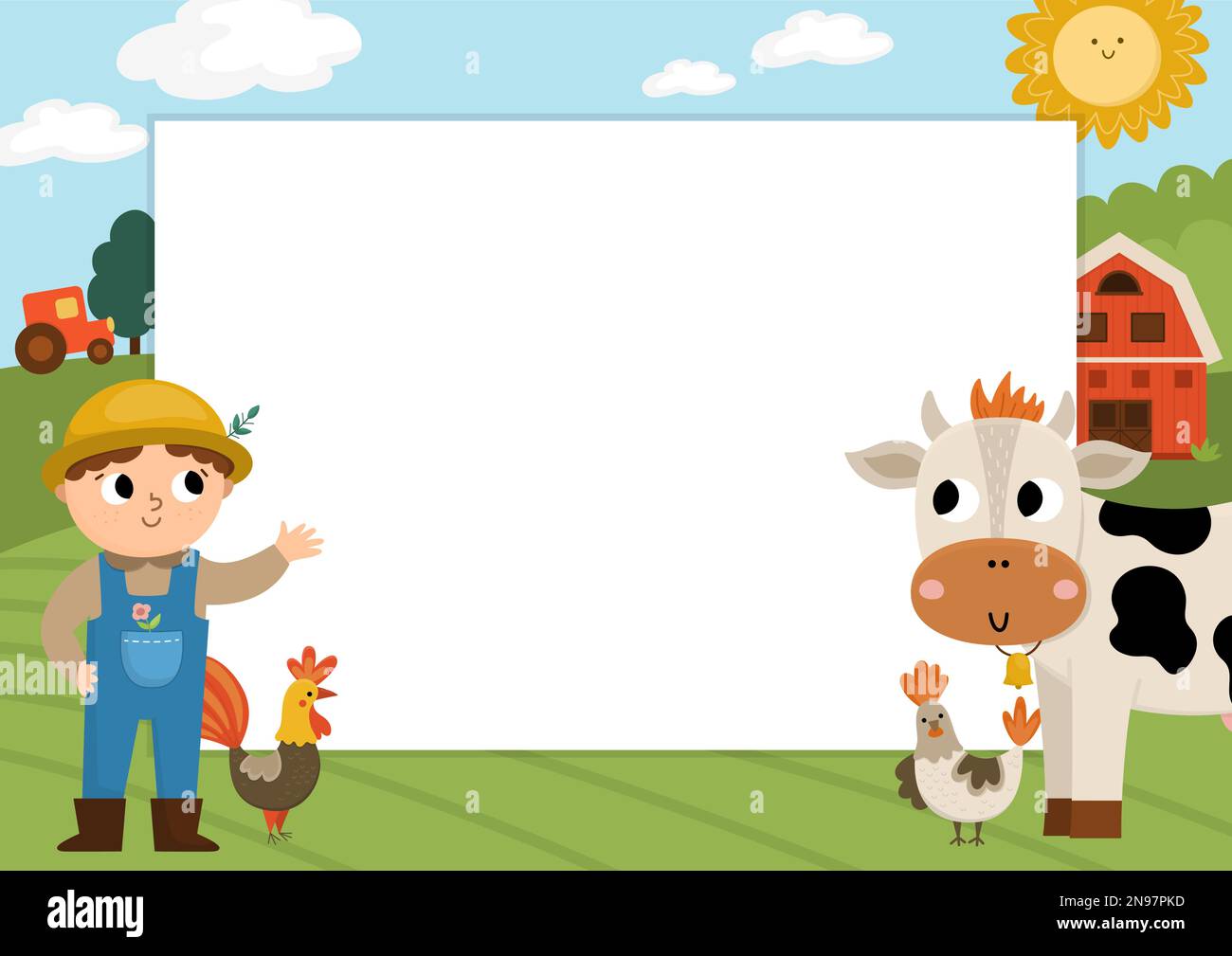 Farm party greeting card template with cute farmer, rural landscape and ...