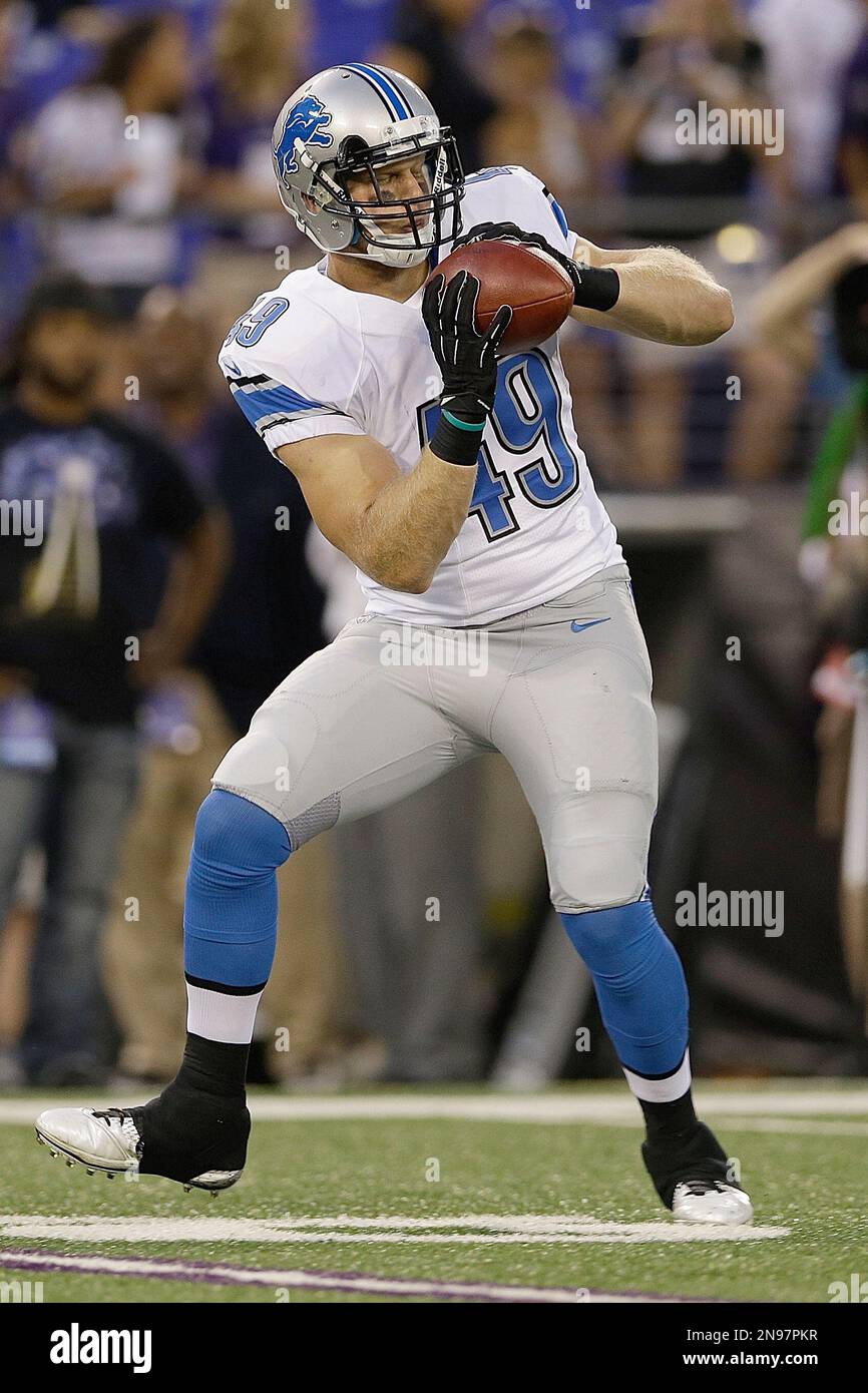 Detroit Lions tight end Alex Gottlieb (49) warms up before a NFL preseason football game against ...