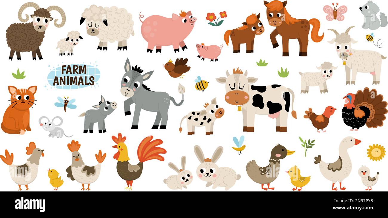 Big vector farm animals set. Big collection with cow, horse, goat ...