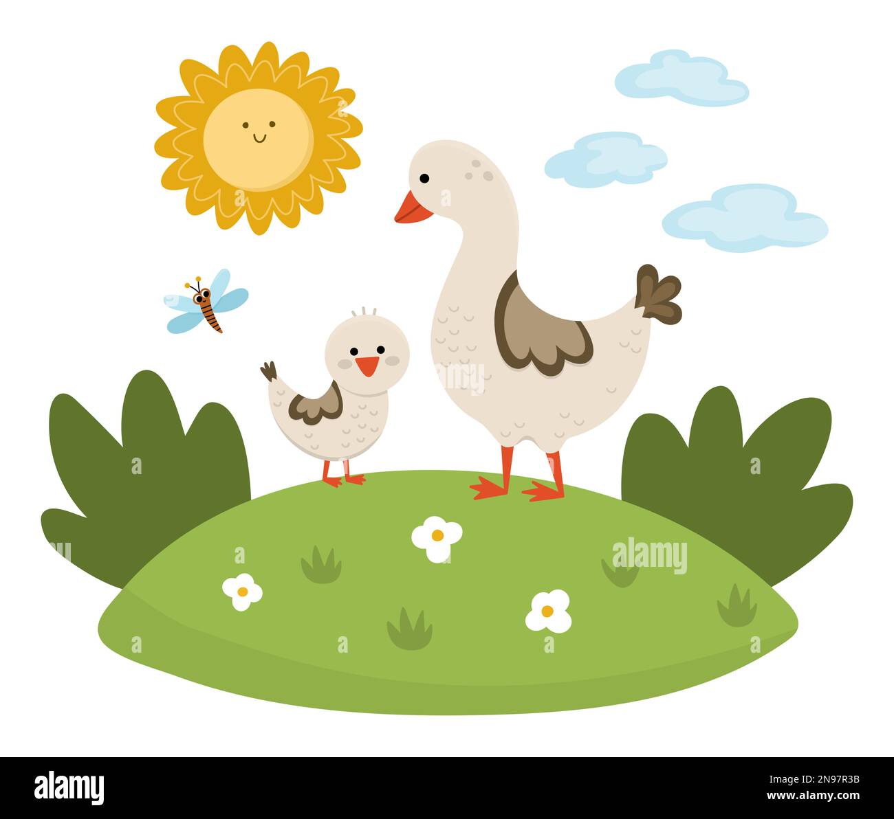 Vector goose with baby gosling on lawn under the sun. Cute cartoon ...
