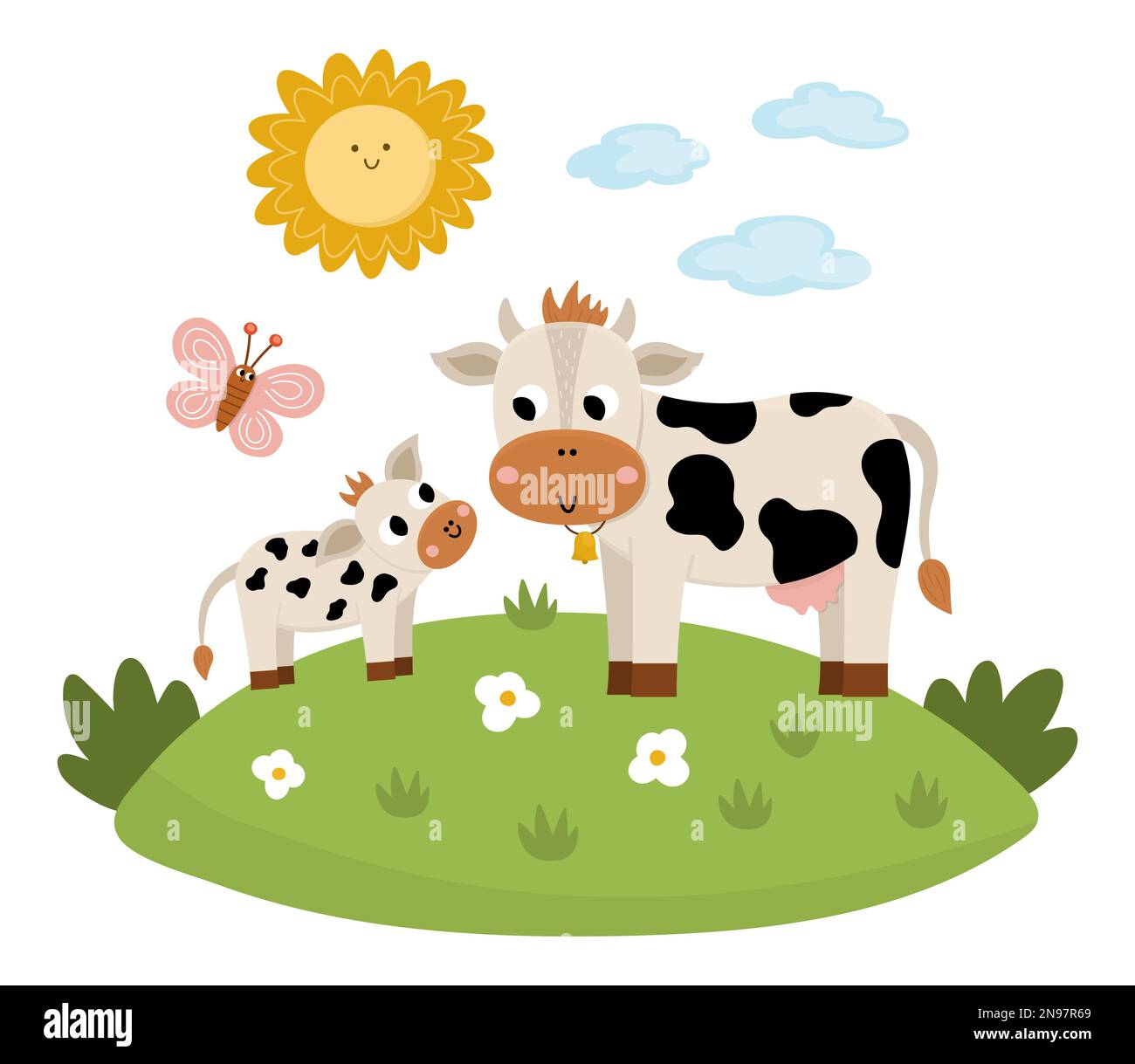 Vector cow with baby on a lawn under the sun. Cute cartoon family scene ...