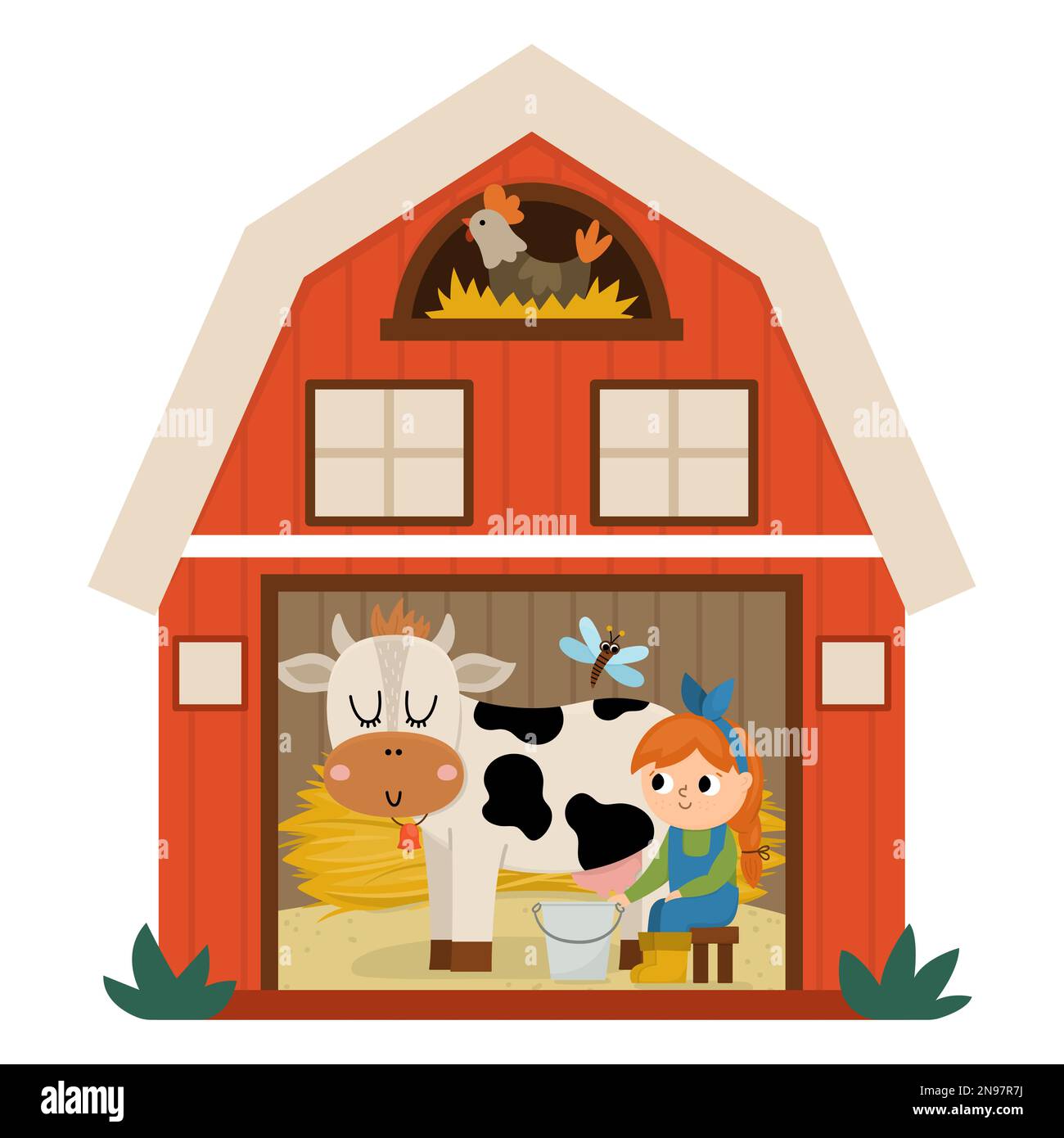 Vector barn icon with girl milking cow inside isolated on white ...
