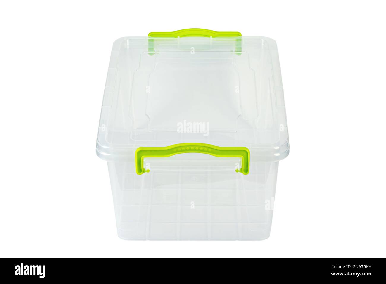 Reusable empty plastic food storage container isolated on white ...