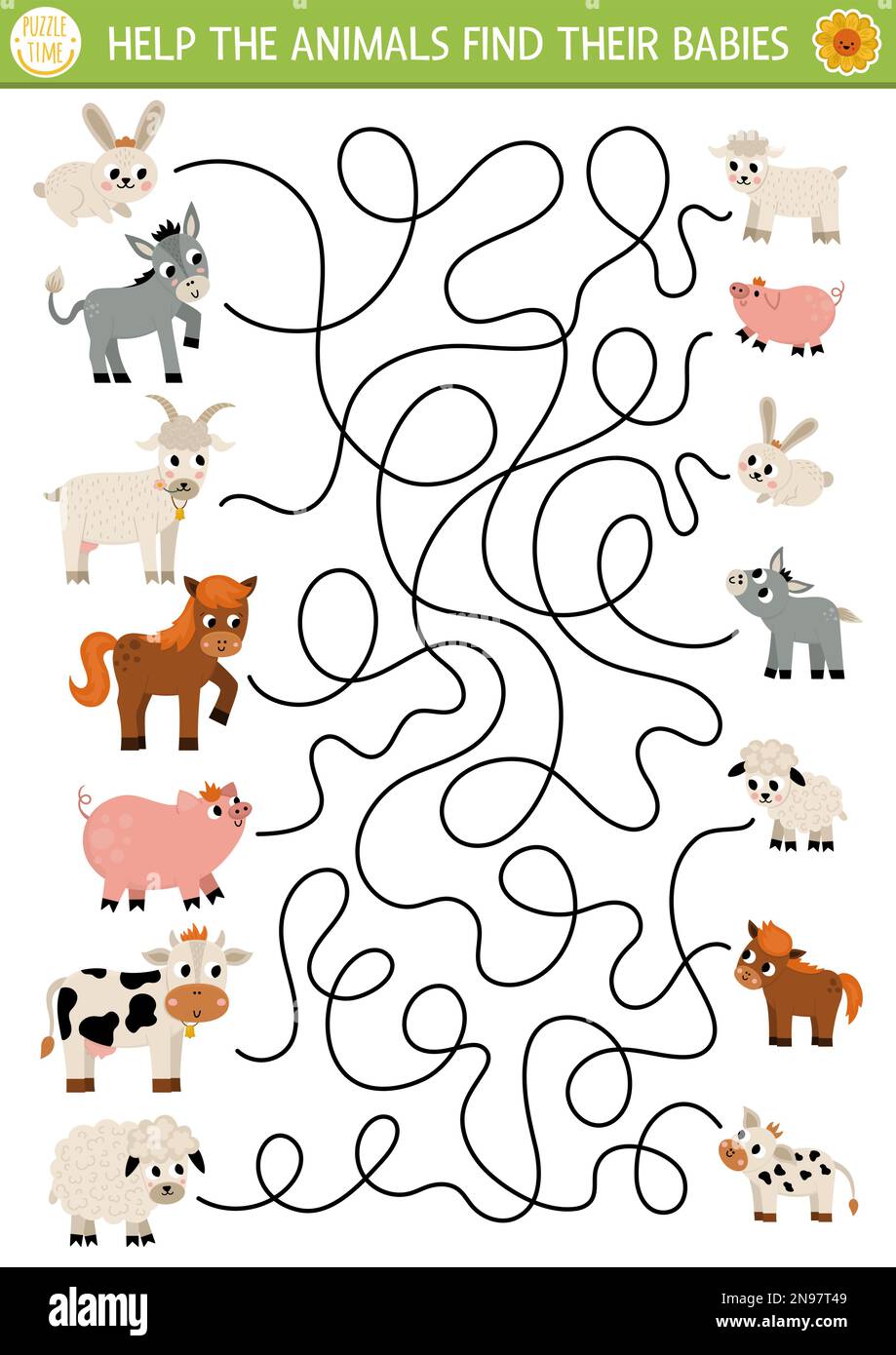 Farm maze for kids with animals and their babies. Country side ...