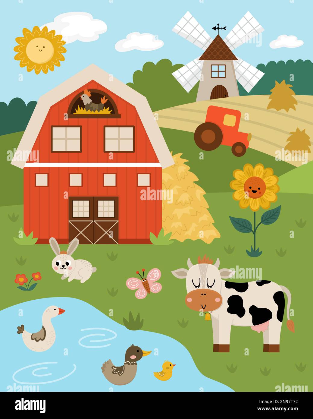 Vector farm landscape illustration. Rural village scene with animals ...