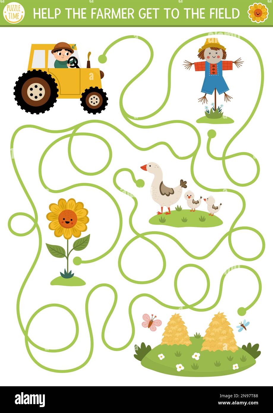 Farm maze for kids with cute tractor, scarecrow, sunflower, hay stacks ...