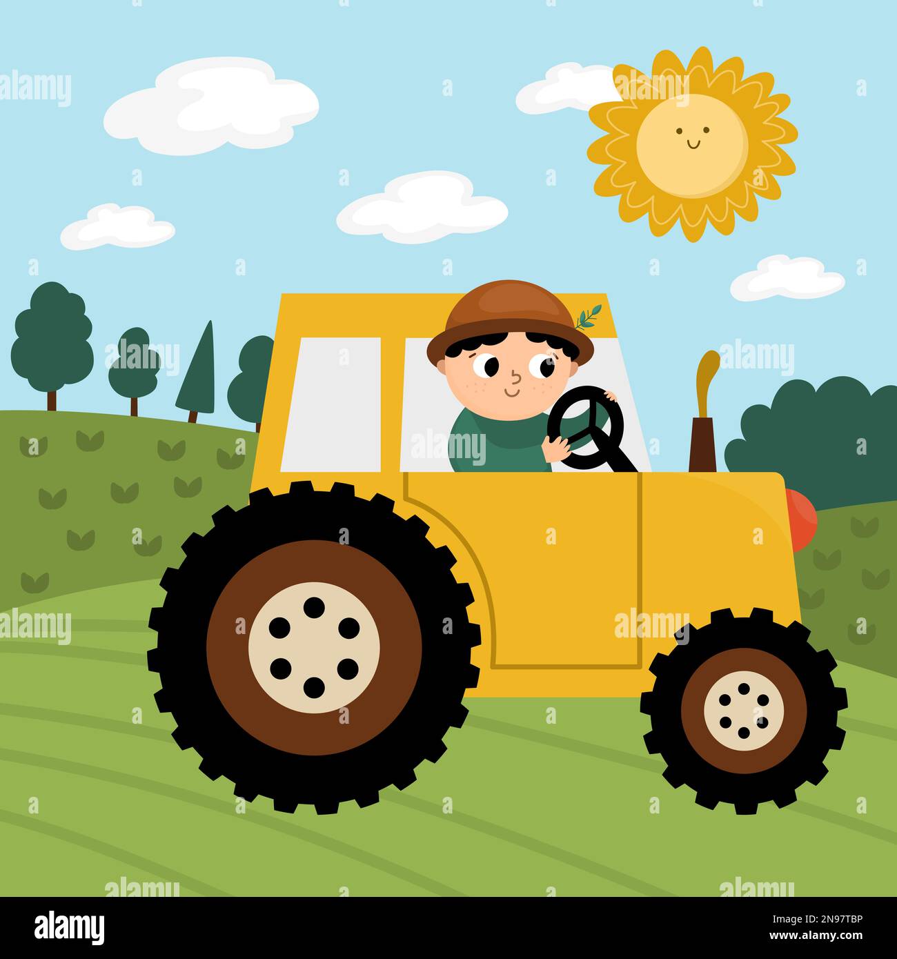 Vector farm scene with farmer driving tractor. Country landscape with ...
