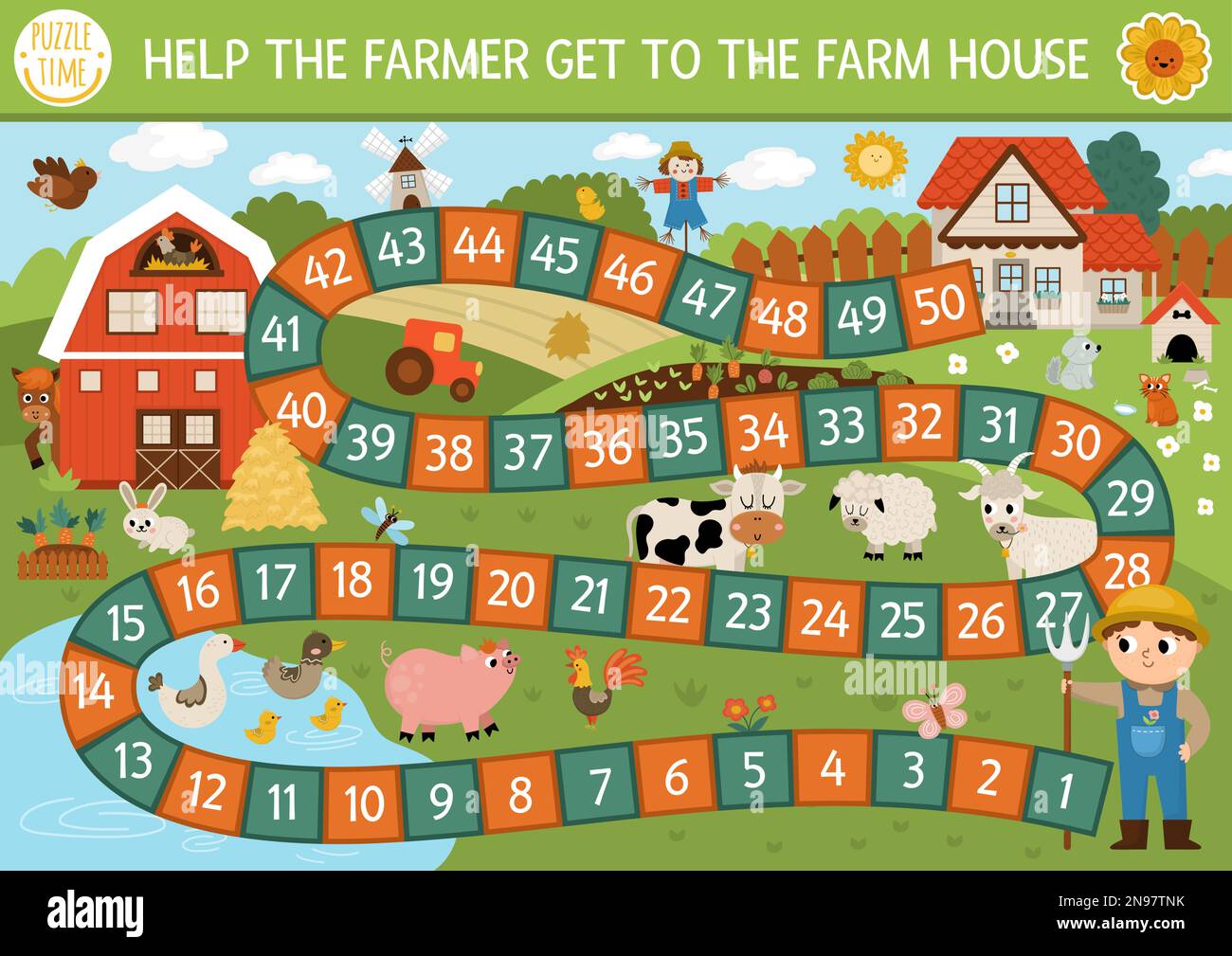 Farm dice board game for children with village landscape. Countryside ...