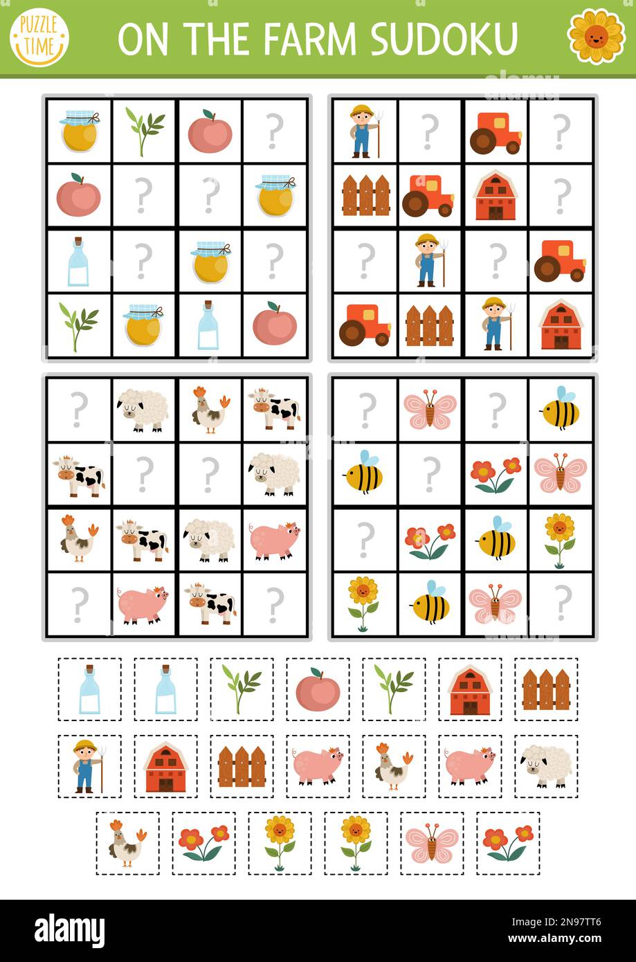 Vector farm sudoku puzzle for kids with pictures. Simple on the farm ...