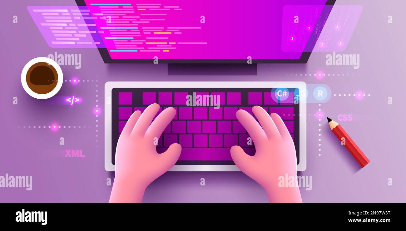 Cute 3d Human Hands Work On A Computer Keyboard Programming And Development Concept View From 9643