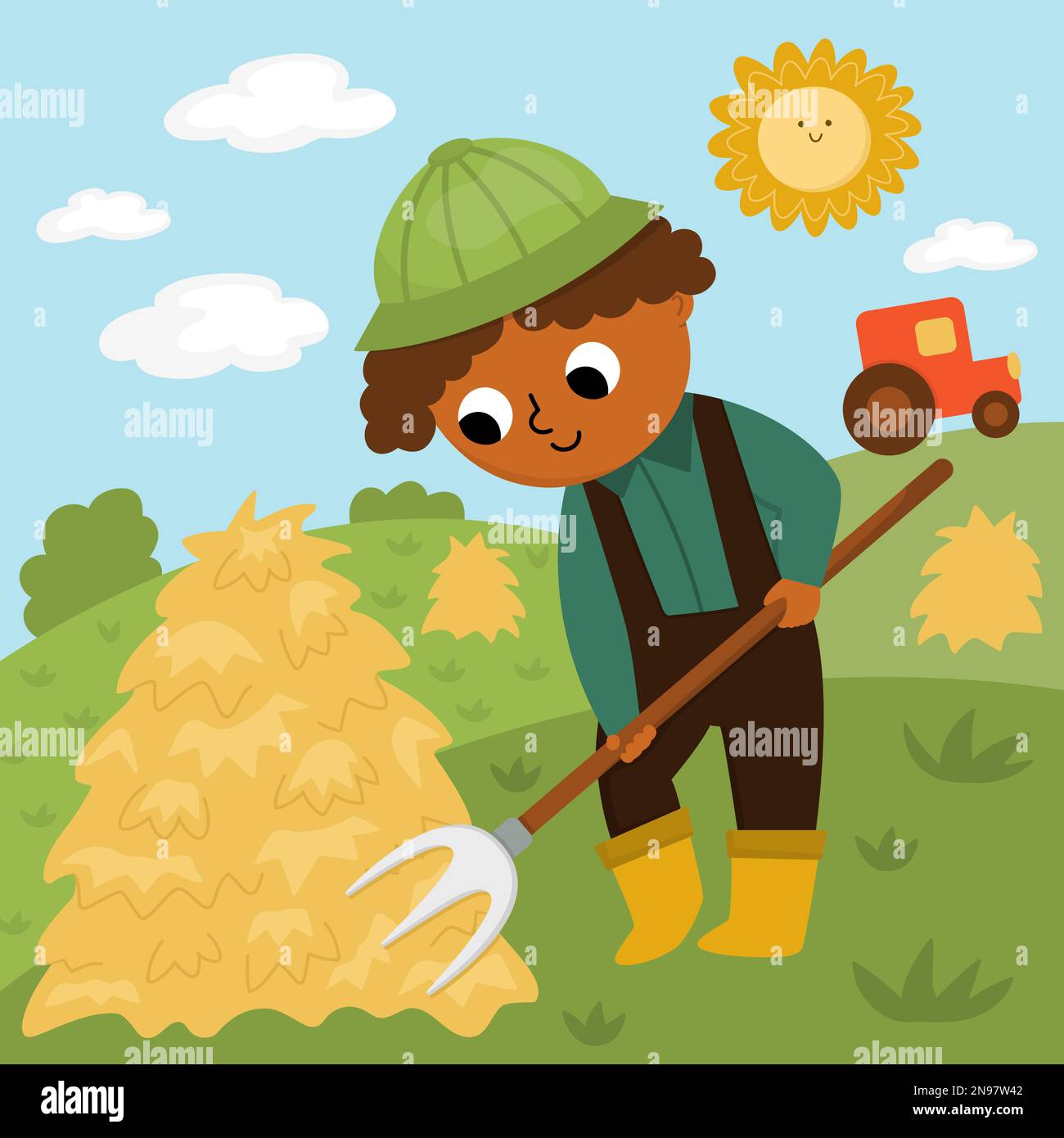 Vector scene with farmer working with hayfork. Cute kid doing ...