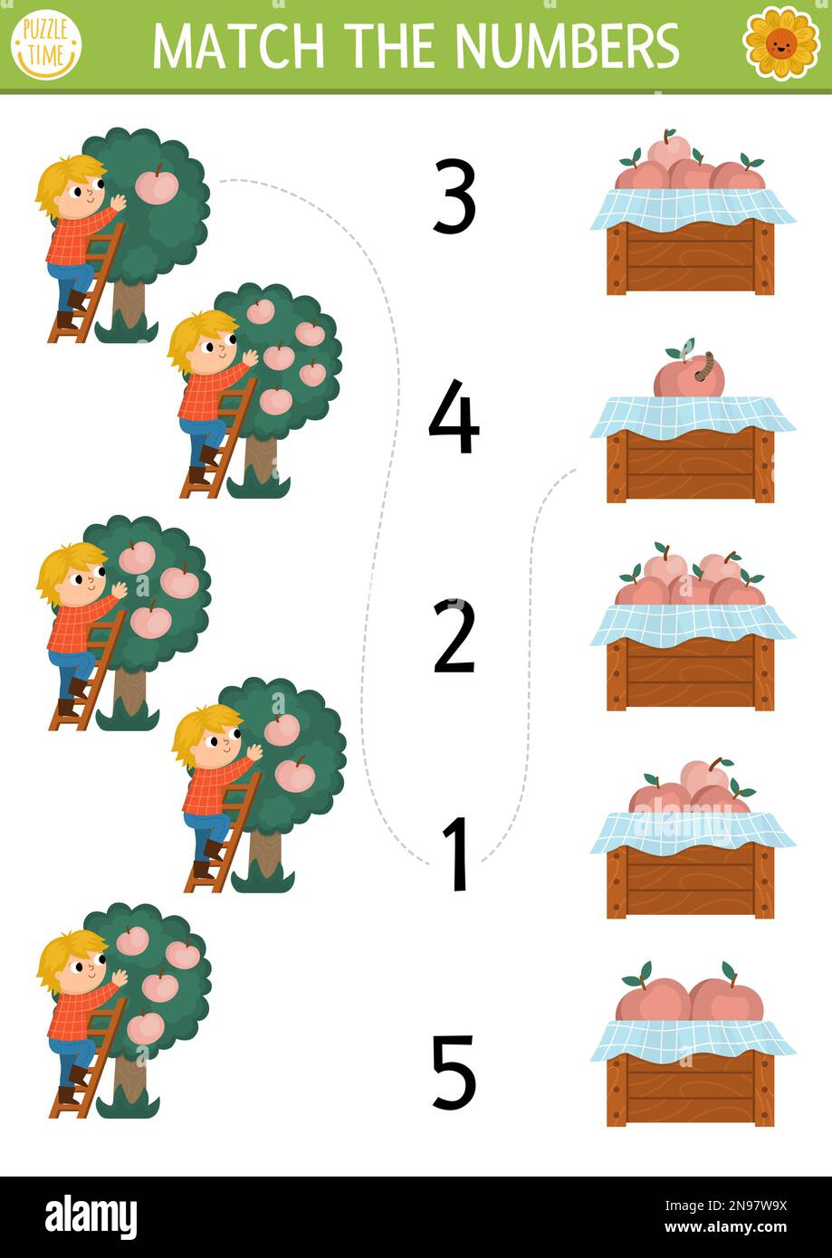 Match the numbers farm game with farmer picking apples. Rural country ...