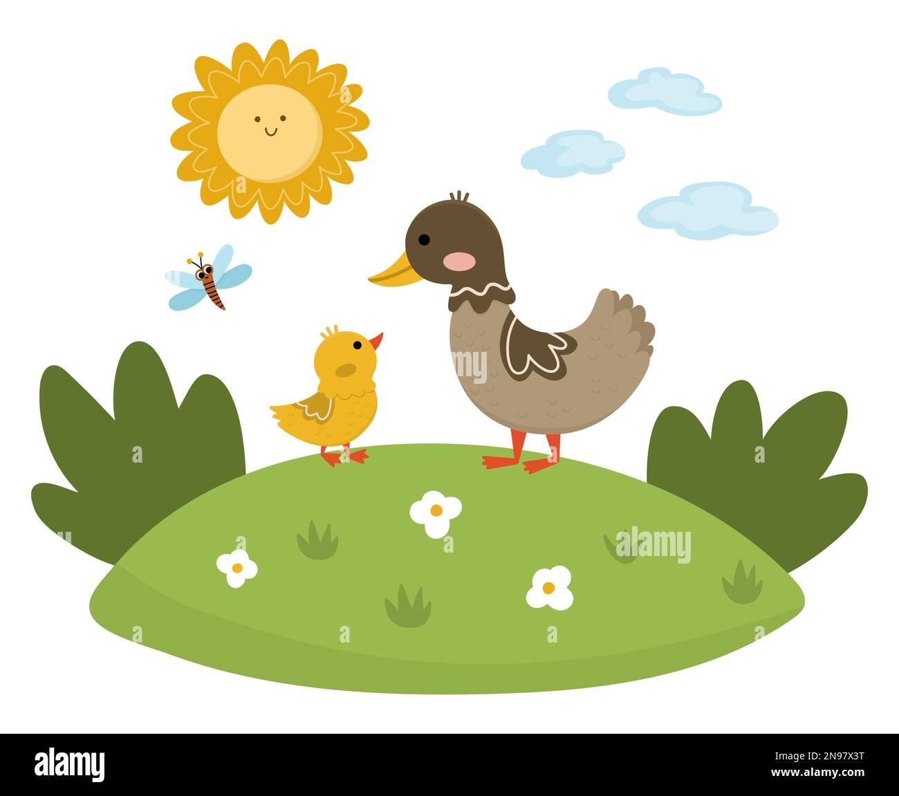 Vector duck with baby duckling on lawn under the sun. Cute cartoon ...
