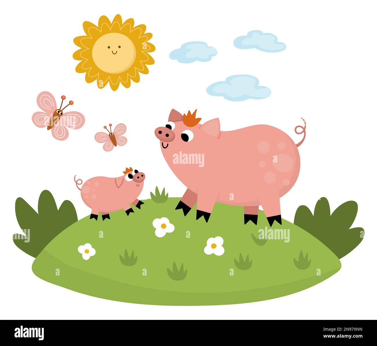 Vector pig with baby on a lawn under the sun. Cute cartoon family scene ...