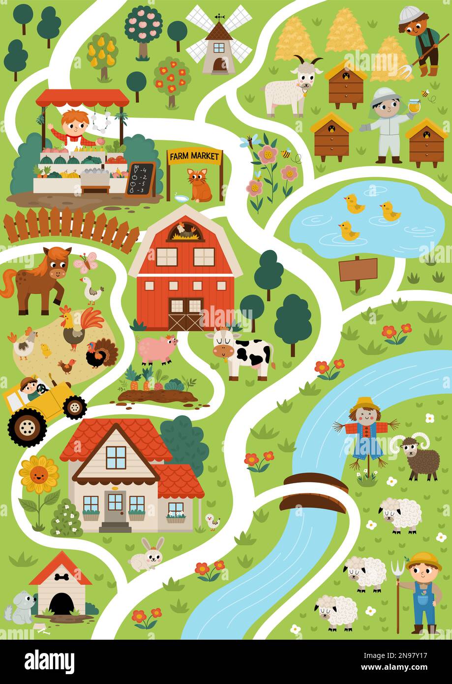 Farm village map. Country life background. Vector rural area scenes ...